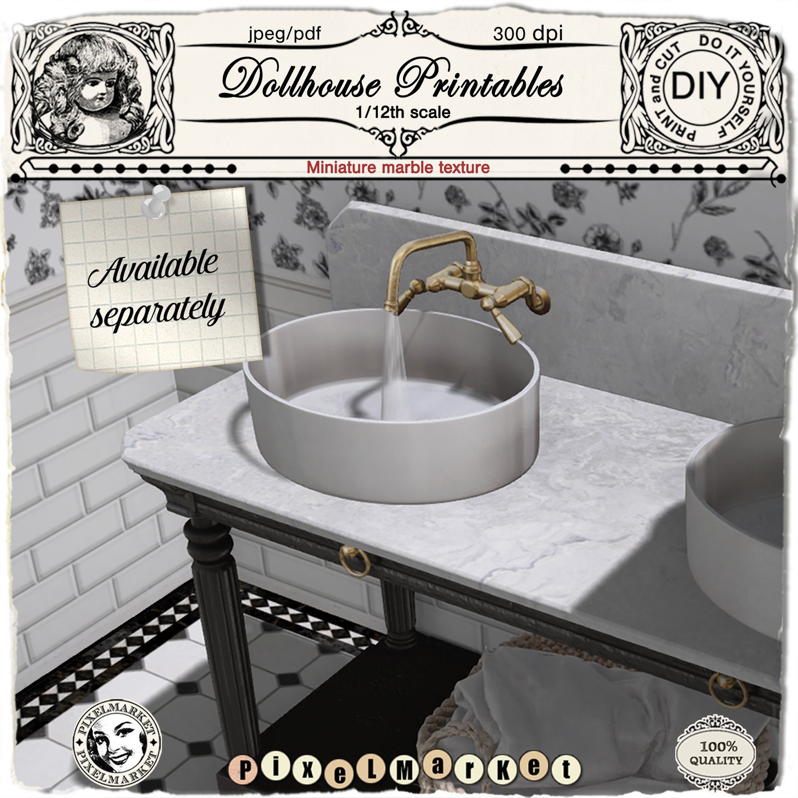 DOLLHOUSE Printable Playscale B&W Floral WALLPAPER W/ Ceramic | Etsy