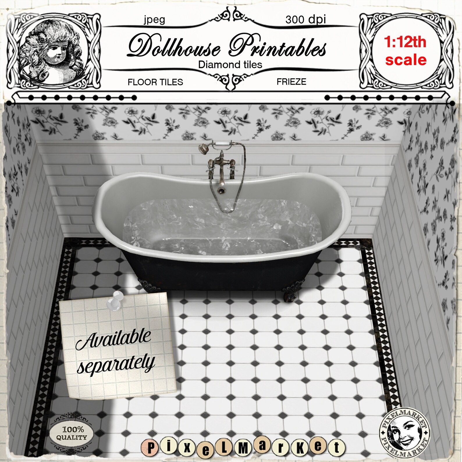 DOLLHOUSE Printable Playscale B&W Floral WALLPAPER W/ Ceramic | Etsy