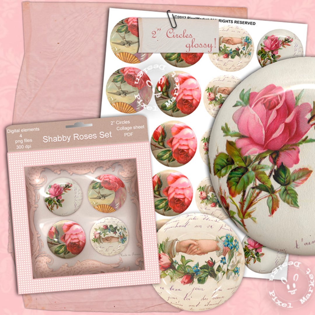 2 Inch CIRCLES Template Vintage Roses Cliparts Digital Collage Sheet ...
