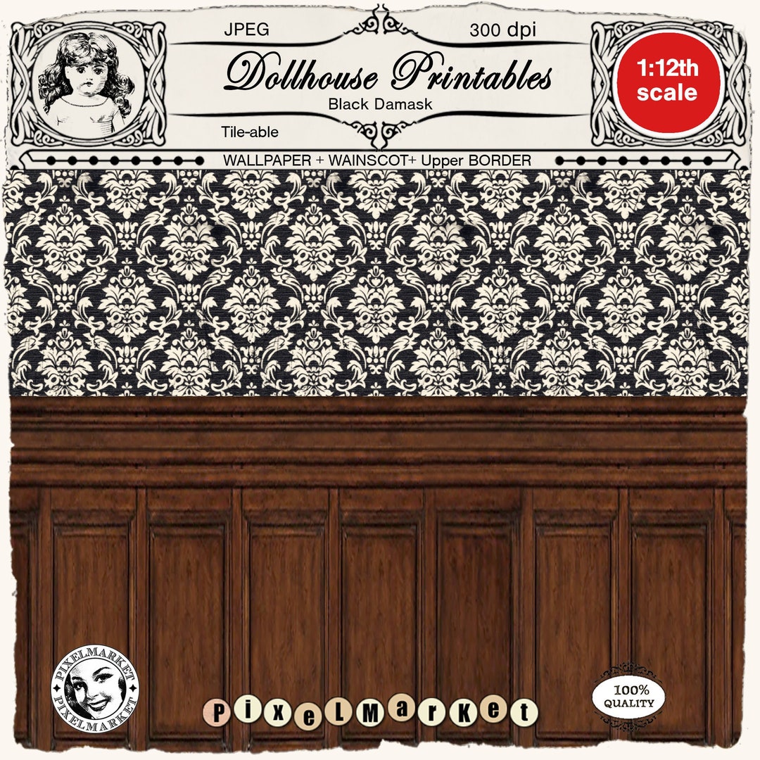 DOLLHOUSE Printable Damask WALLPAPER W/ Wood PANELLING Digital Sheet ...