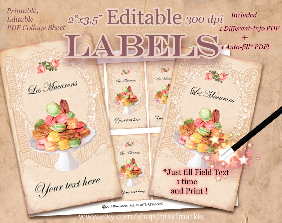 Editable Labels French MACARON, Printable Gift Tag Autofill PDF Instant ...