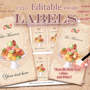 Editable Labels French MACARON, Printable Gift Tag Autofill PDF Instant ...