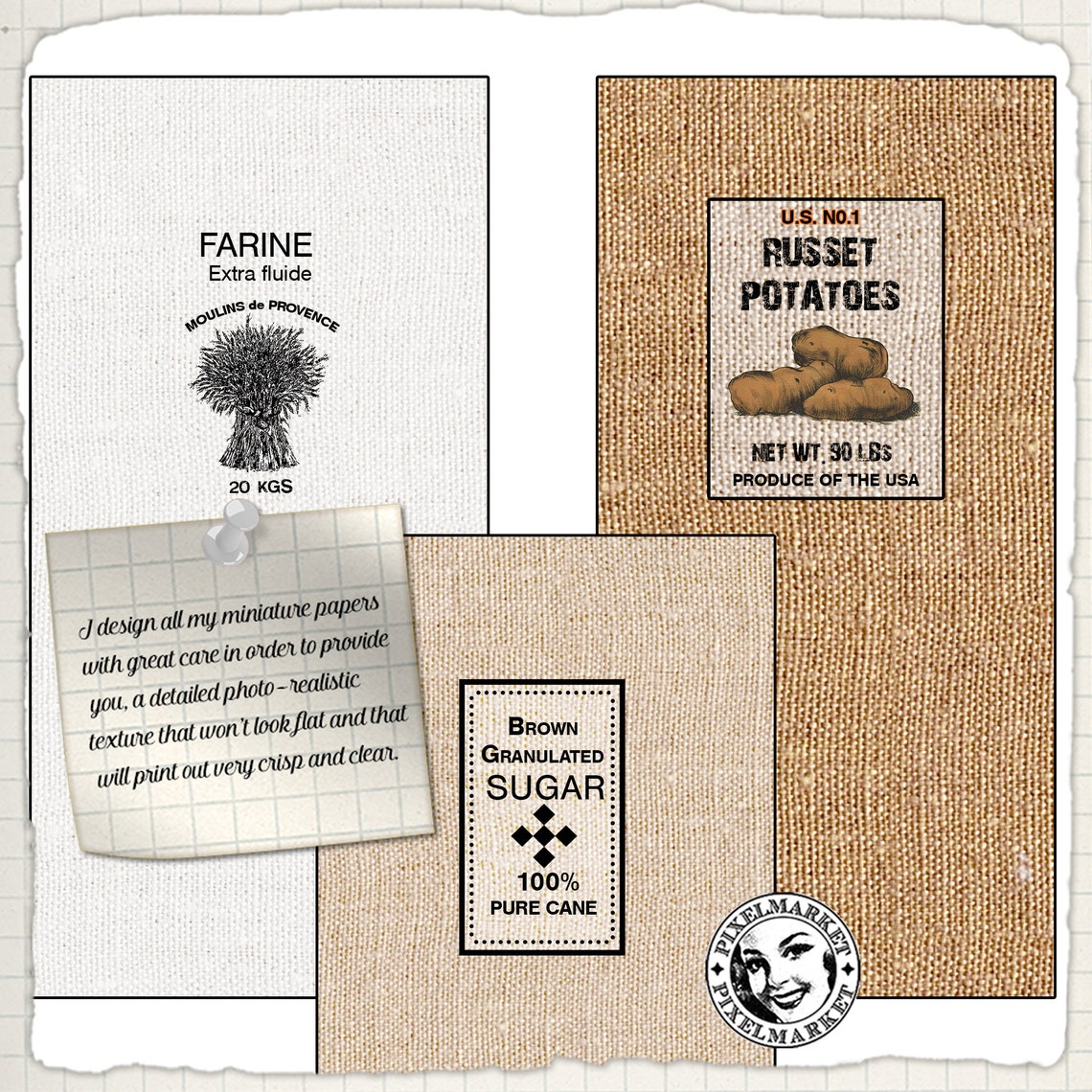 3 Miniature Food Sacks Printable TEMPLATE Flour, Sugar and Potatoes ...