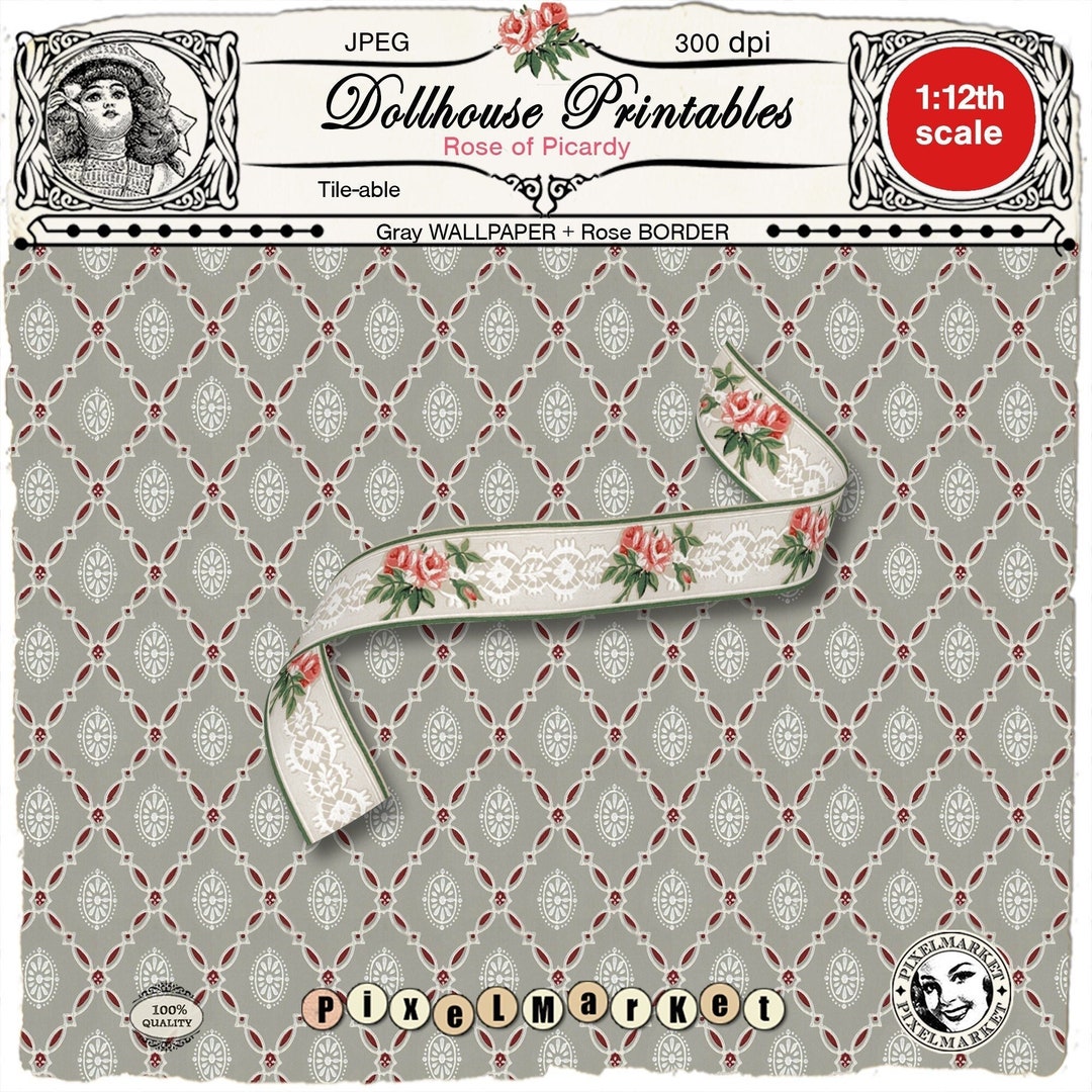 Dollhouse WALLPAPER With Rose Floral BORDER for 1/12th Scale Miniature ...