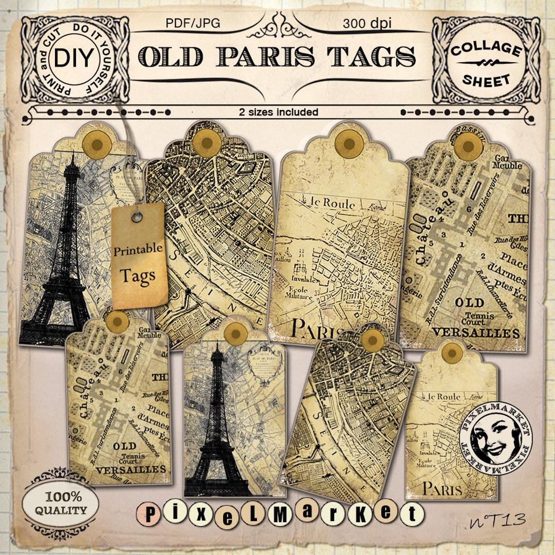 TAGS CLIPARTS Digital Gift Tag Antique MAP of Paris Printable Download ...