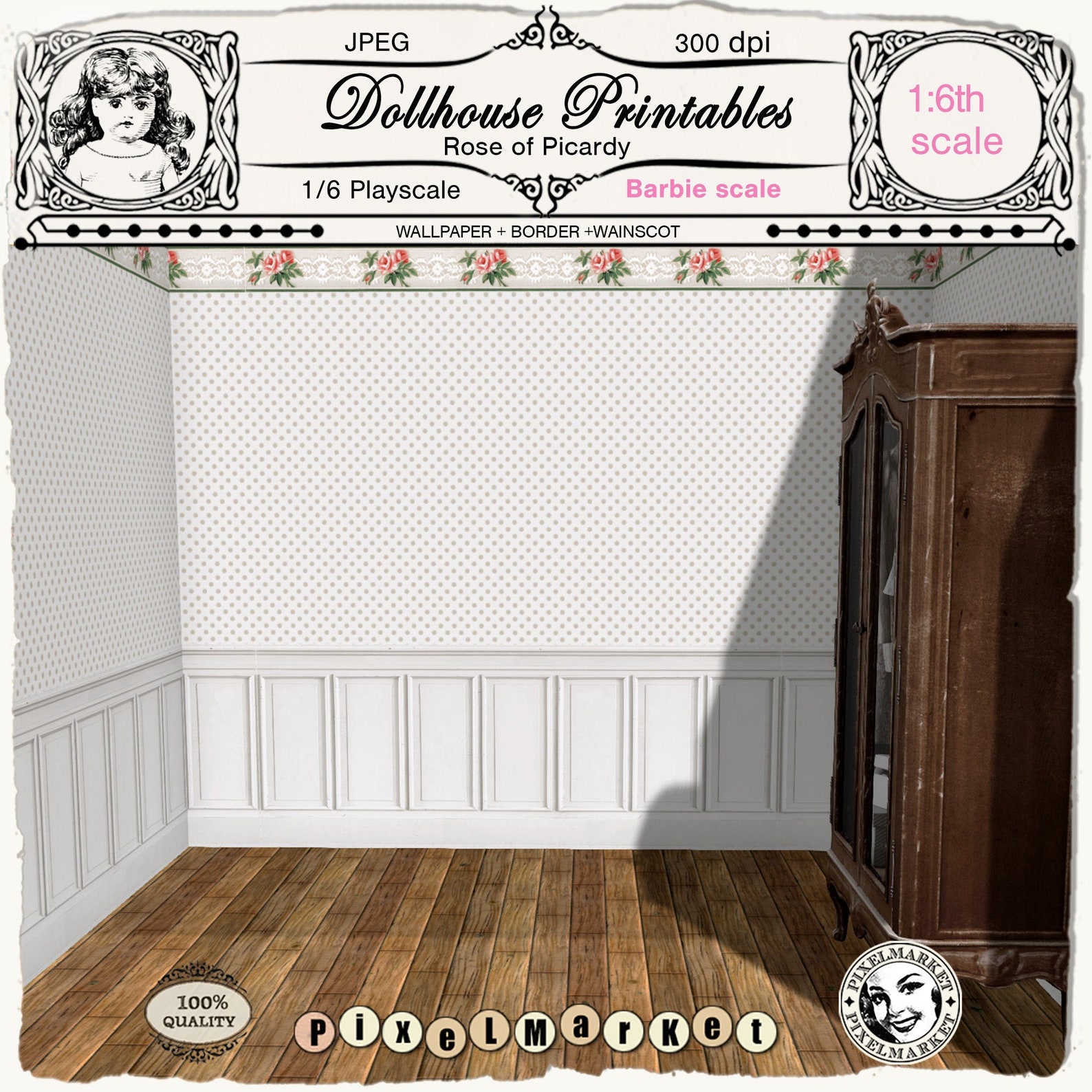 Dollhouse Printable WALLPAPER With Rose Floral BORDER & WAINSCOT ...