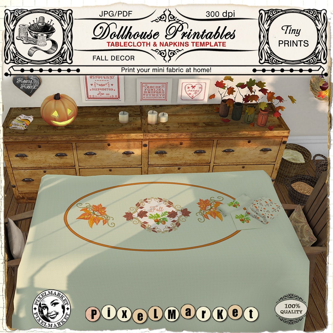 DOLLHOUSE Miniature Tablecloth & Napkins 1:12 Scale PRINTABLE Fabric ...