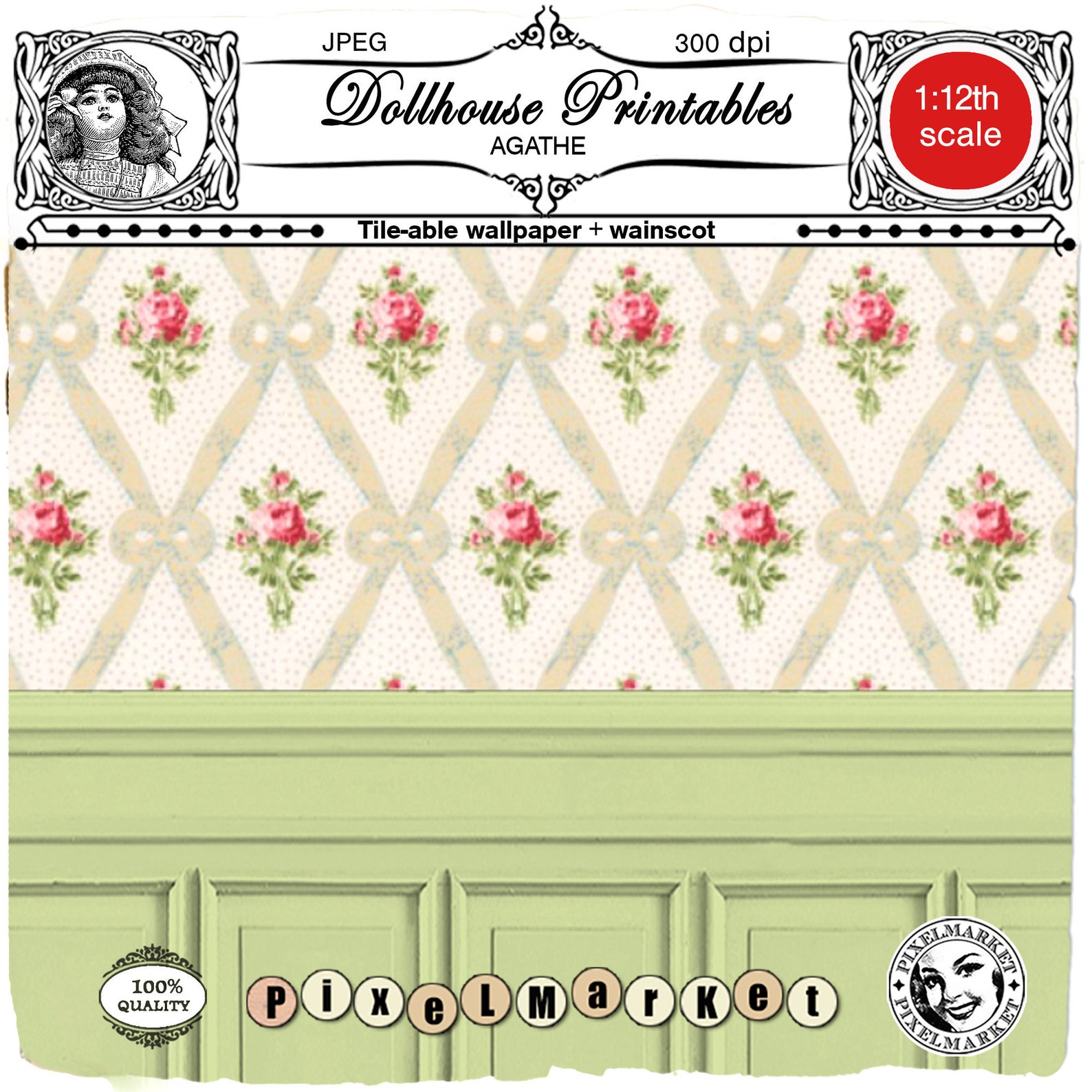 DOLLHOUSE Printable WALLPAPER W/ WAINSCOTING Miniature Floral Wallpaper ...