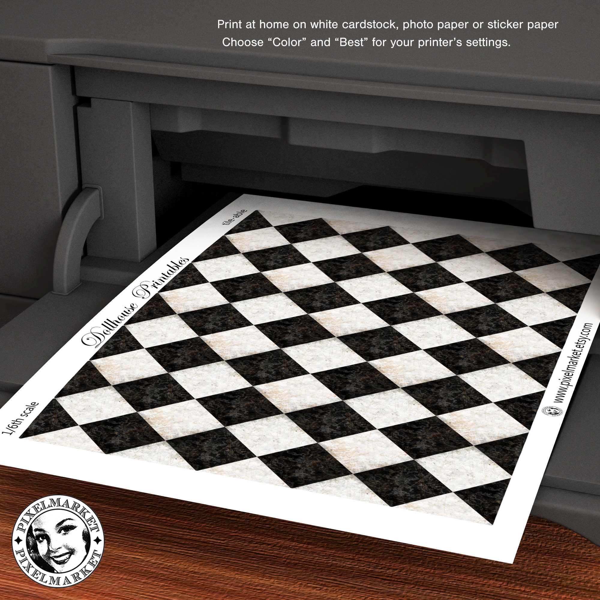 DOLLHOUSE FLOORING Printable Marble Checkered Flooring With Frieze ...