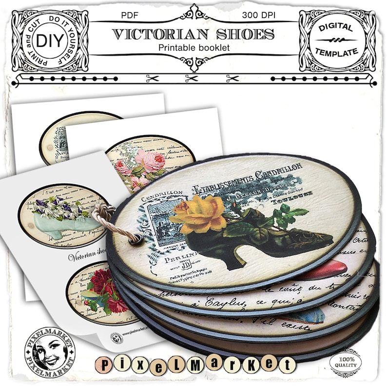 DIY Notebook Victorian Shoes Cards Printable Booklet Template Lady ...
