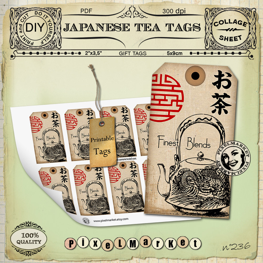 Printable Gift TAG CLIPARTS Japanese Tea Hangtags Teapot | Etsy