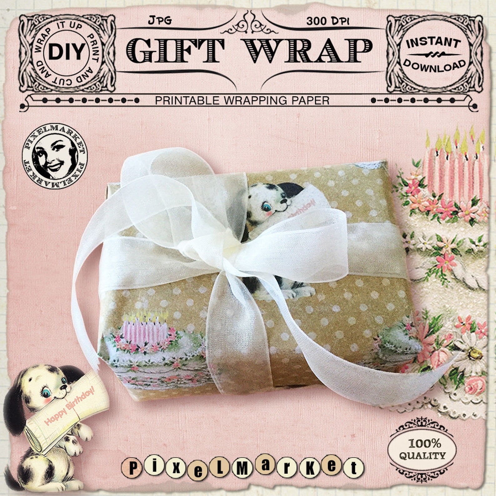 WRAPPING PAPER for Girl Printable Birthday Retro Gift Wrap | Etsy