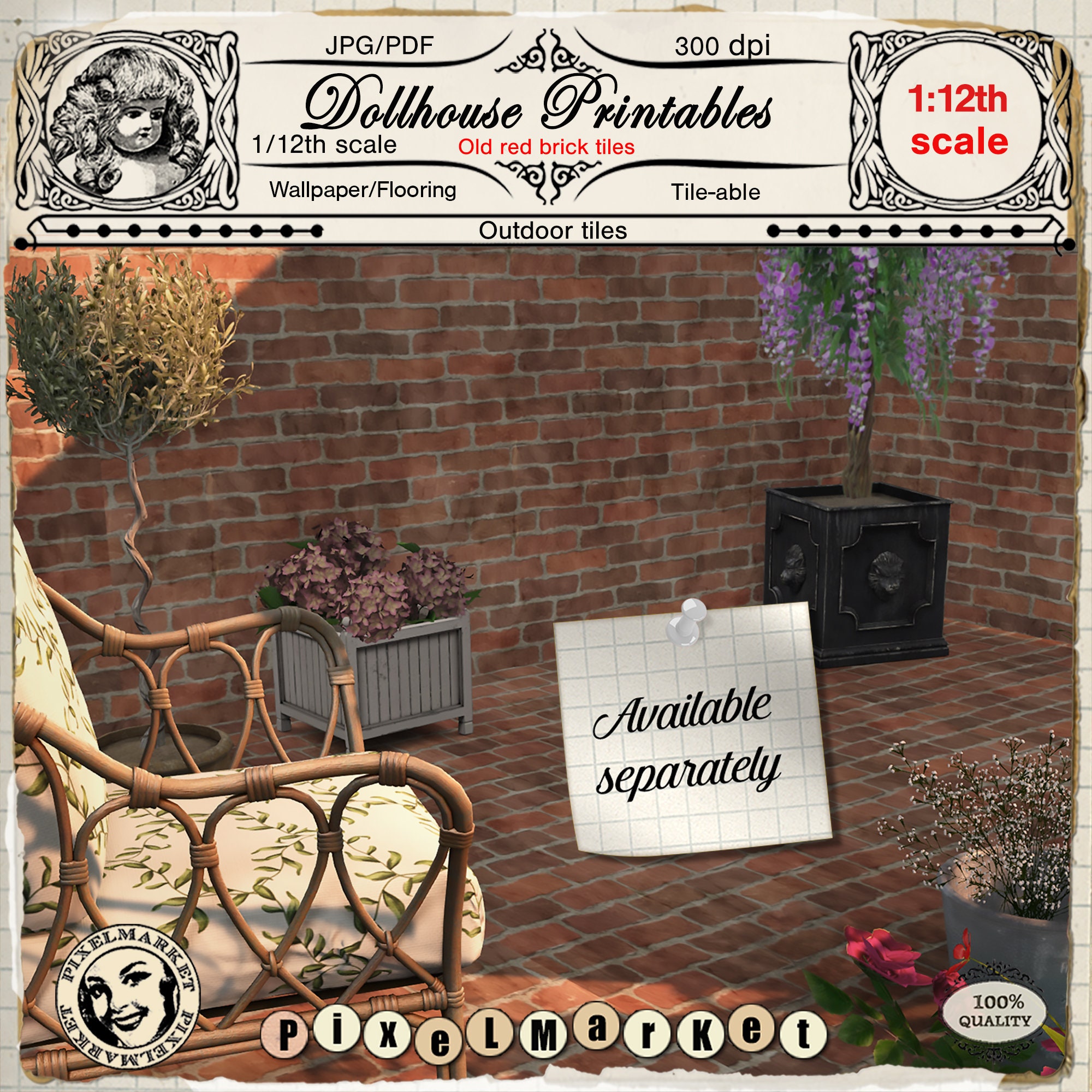 Dollhouse Miniature Printable Wallpaper OUTDOOR BRICK Tiles | Etsy