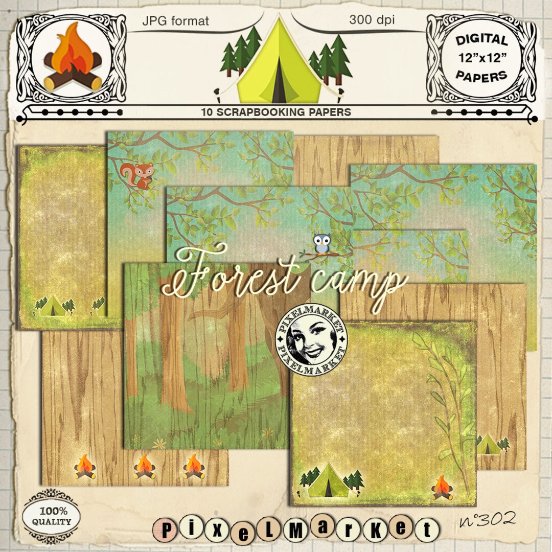 FOREST CAMP Scrapbooking Papers SET of 10 Backgrounds Printable ...