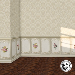 DOLLHOUSE Printable Damask WALLPAPER With WAINSCOTING Digital Sheet ...