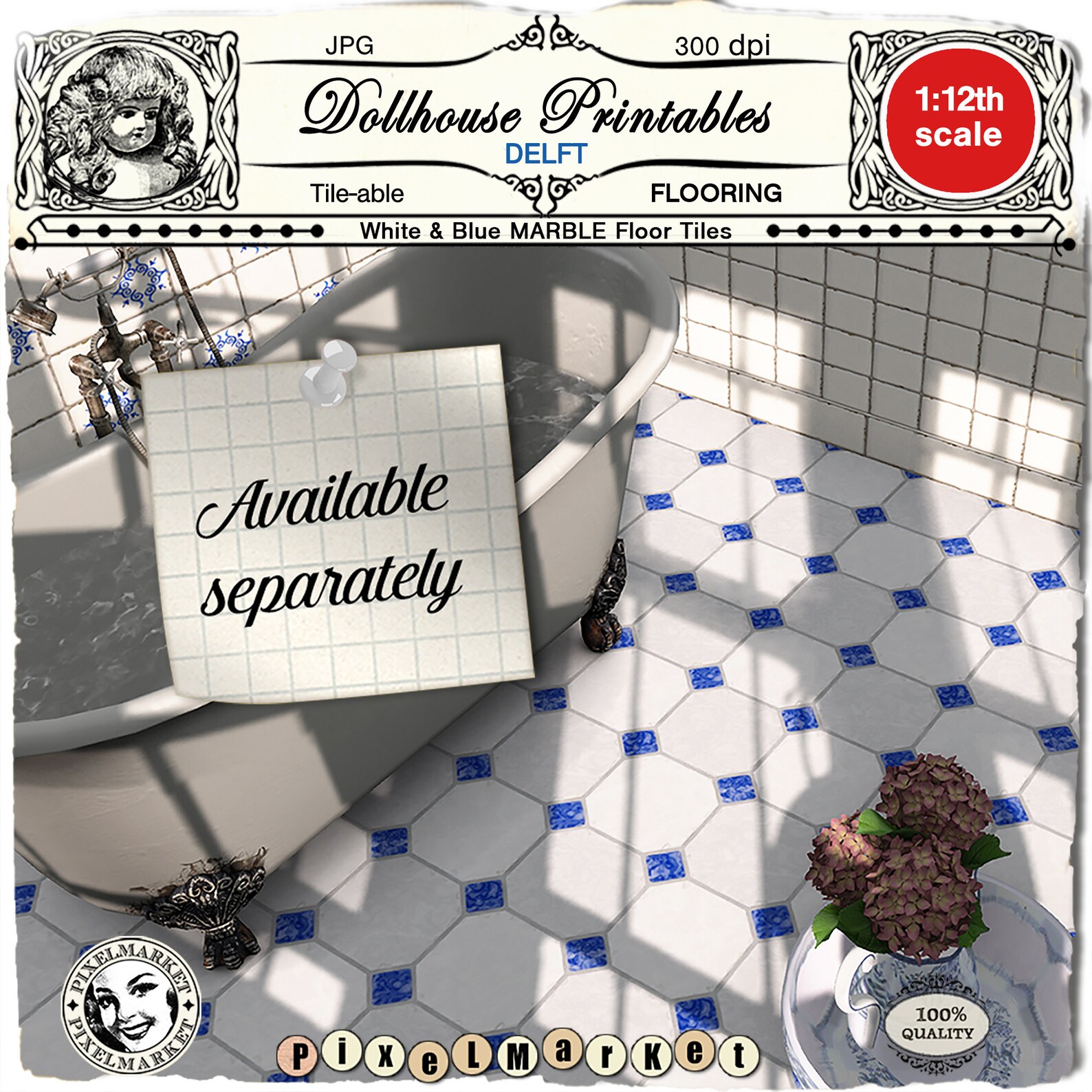 DOLLHOUSE PRINTABLES Flooring Wallpaper 1/12 Scale White & Blue Floor ...