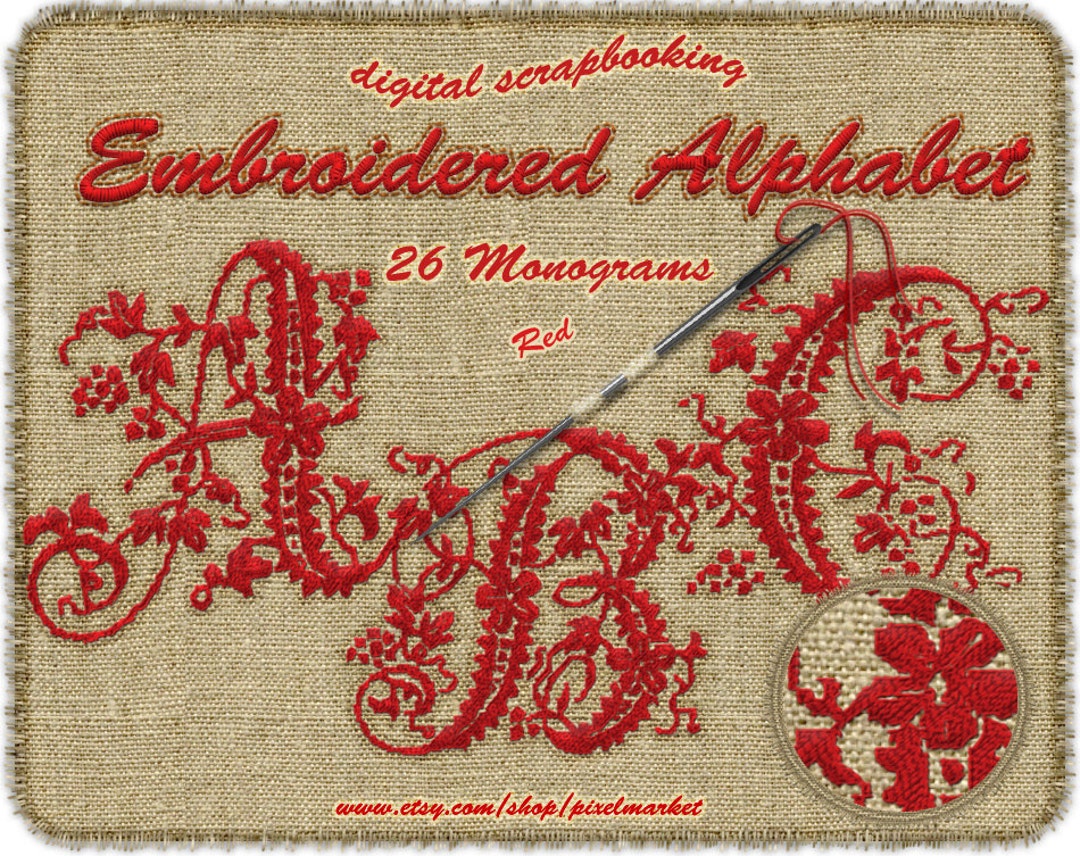 EMBROIDERY FONT Clipart Embroidered MONOGRAM Alphabet Clip Art Alphas ...