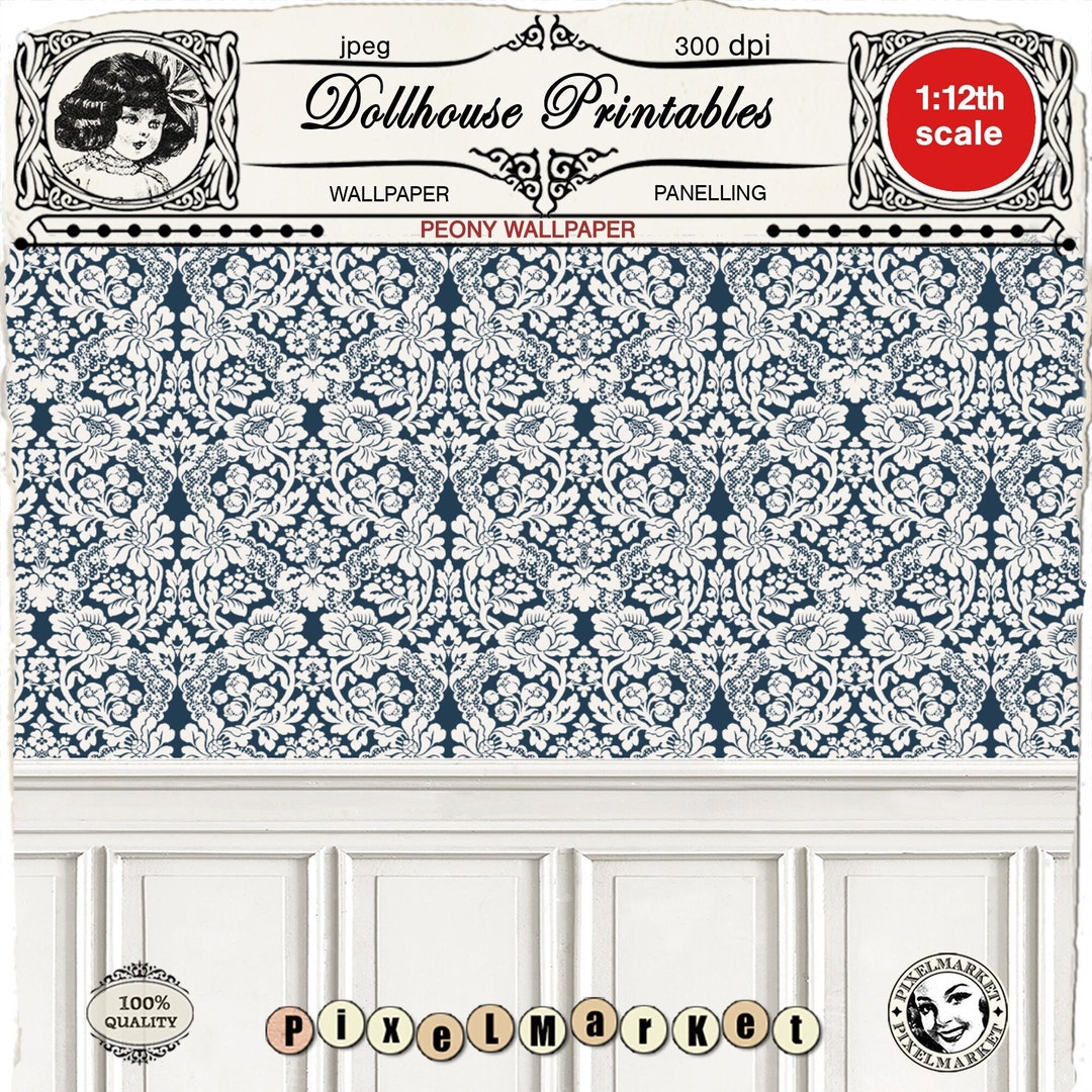 DOLLHOUSE Printable Floral WALLPAPER With WAINSCOTING Digital Sheet ...