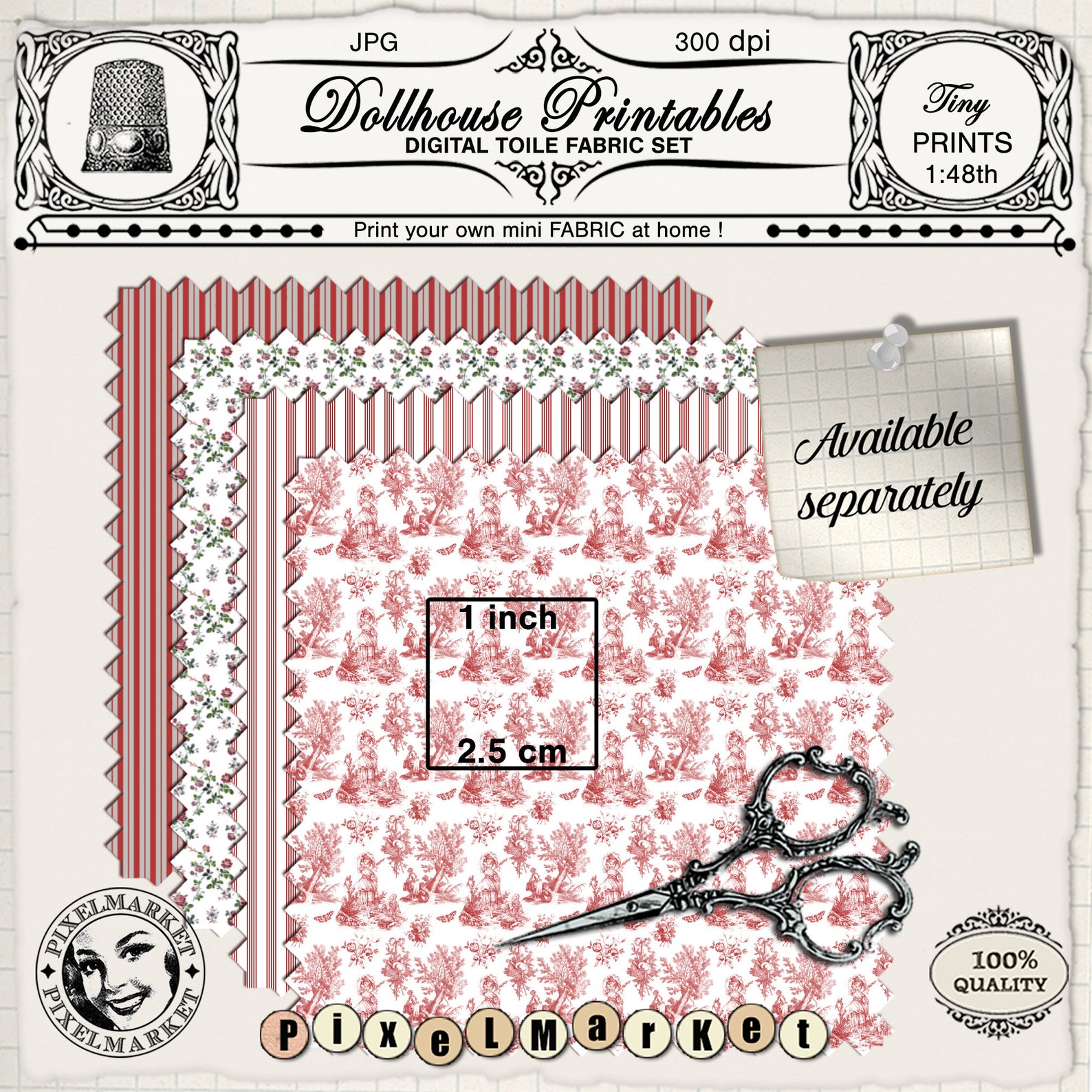 Miniature TOILE FABRIC Printable Set of 4 Coordinating French Toile ...