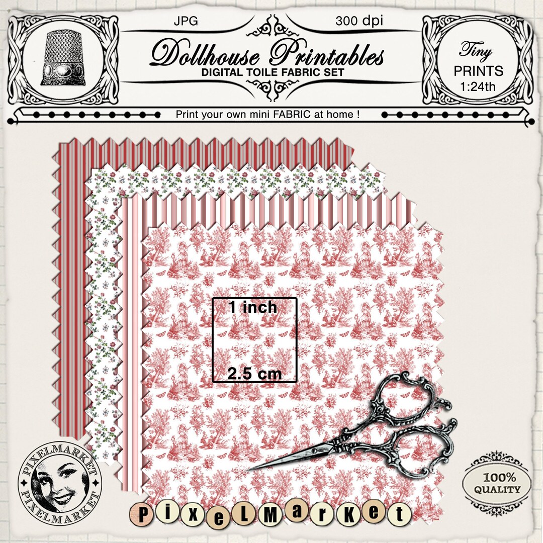 FRENCH TOILE FABRIC Printable Set of 4 Miniature Red Fabric Prints to ...