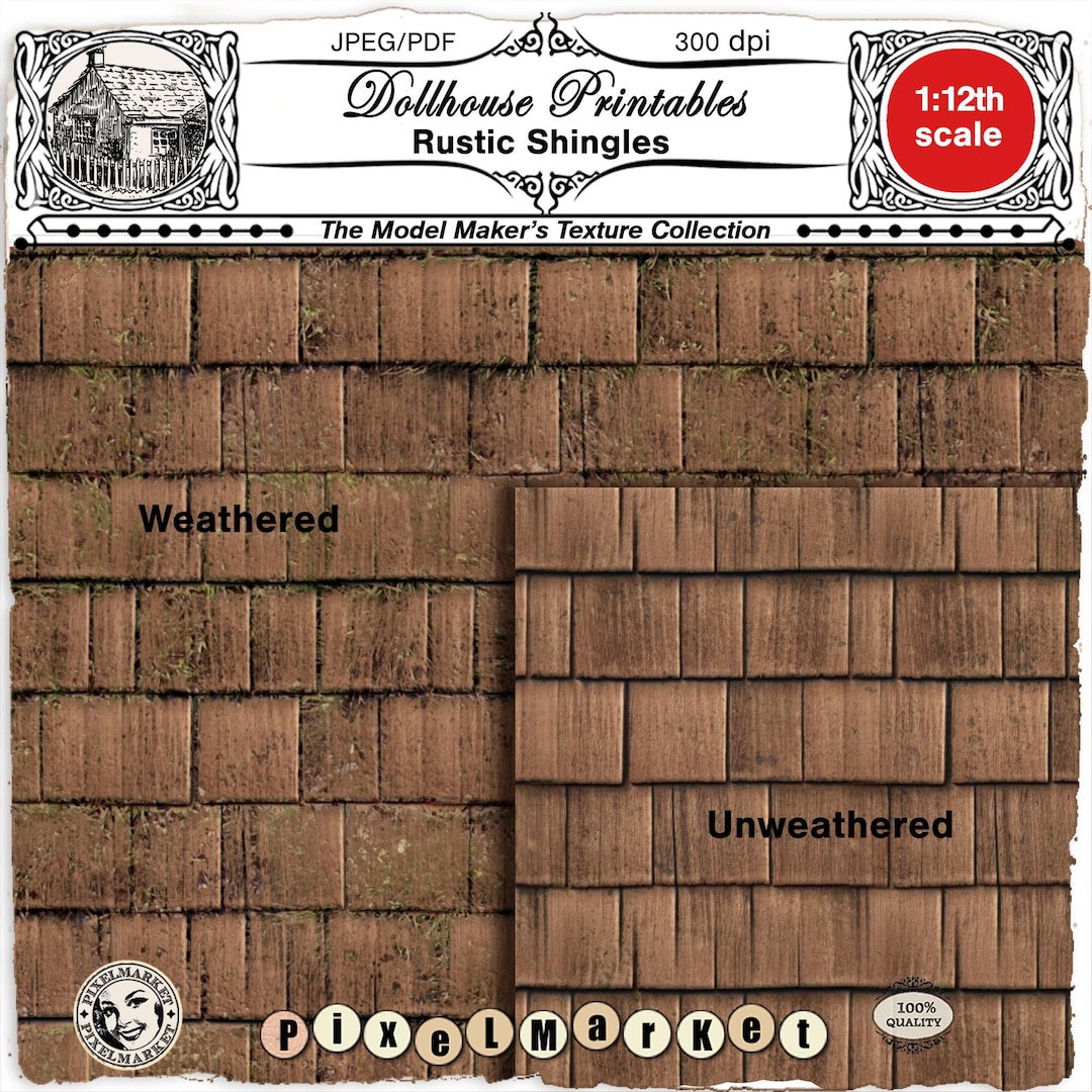 1/12 Rustic Dollhouse Roofing - Miniature Roof Shingles Printable Set ...