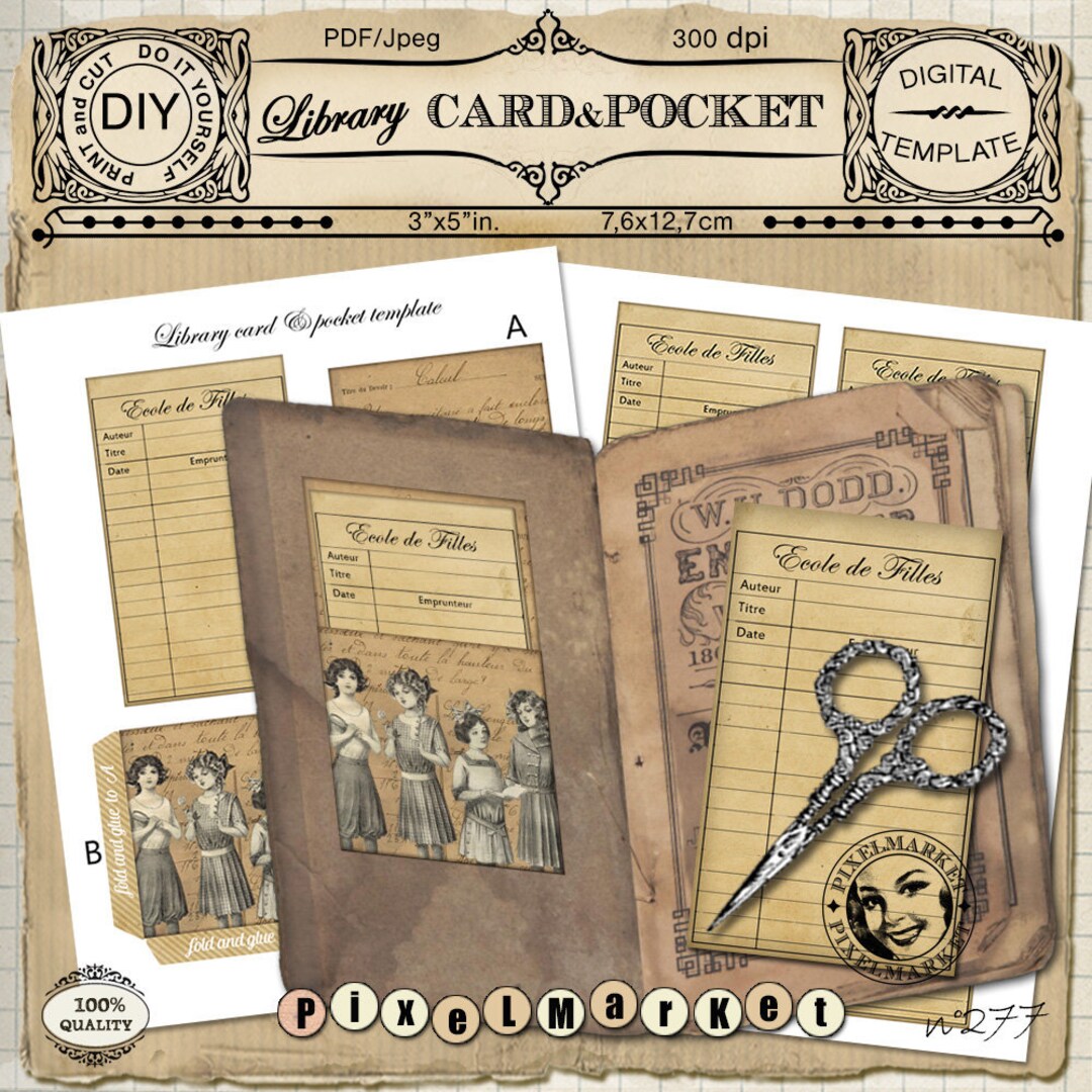 French Vintage Library Card & Pocket TEMPLATE 3x5 Inch Pocket Card ...