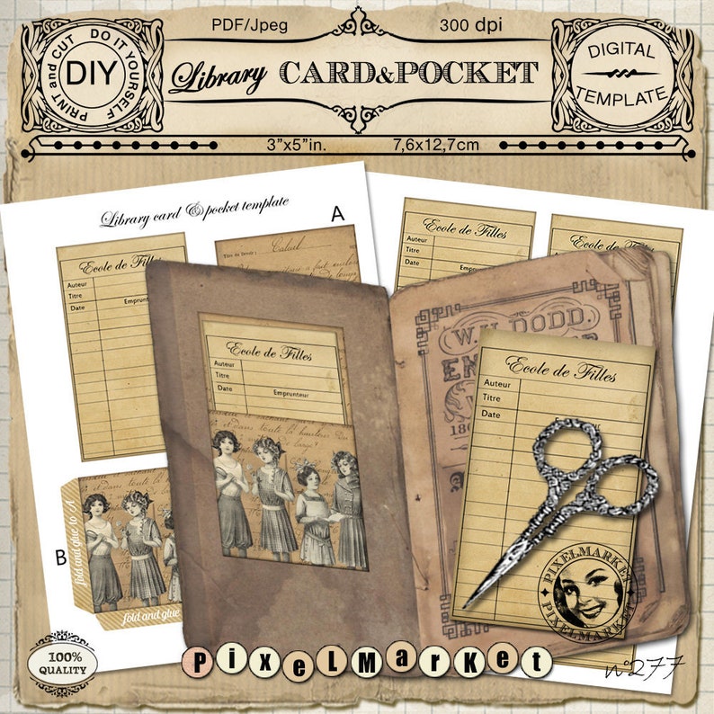 French Vintage Library Card & Pocket TEMPLATE 3x5 Inch Pocket - Etsy