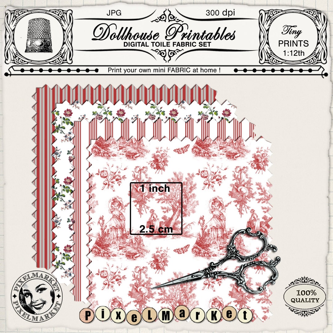 Miniature TOILE FABRIC Printable Set of 4 Coordinating French Toile ...