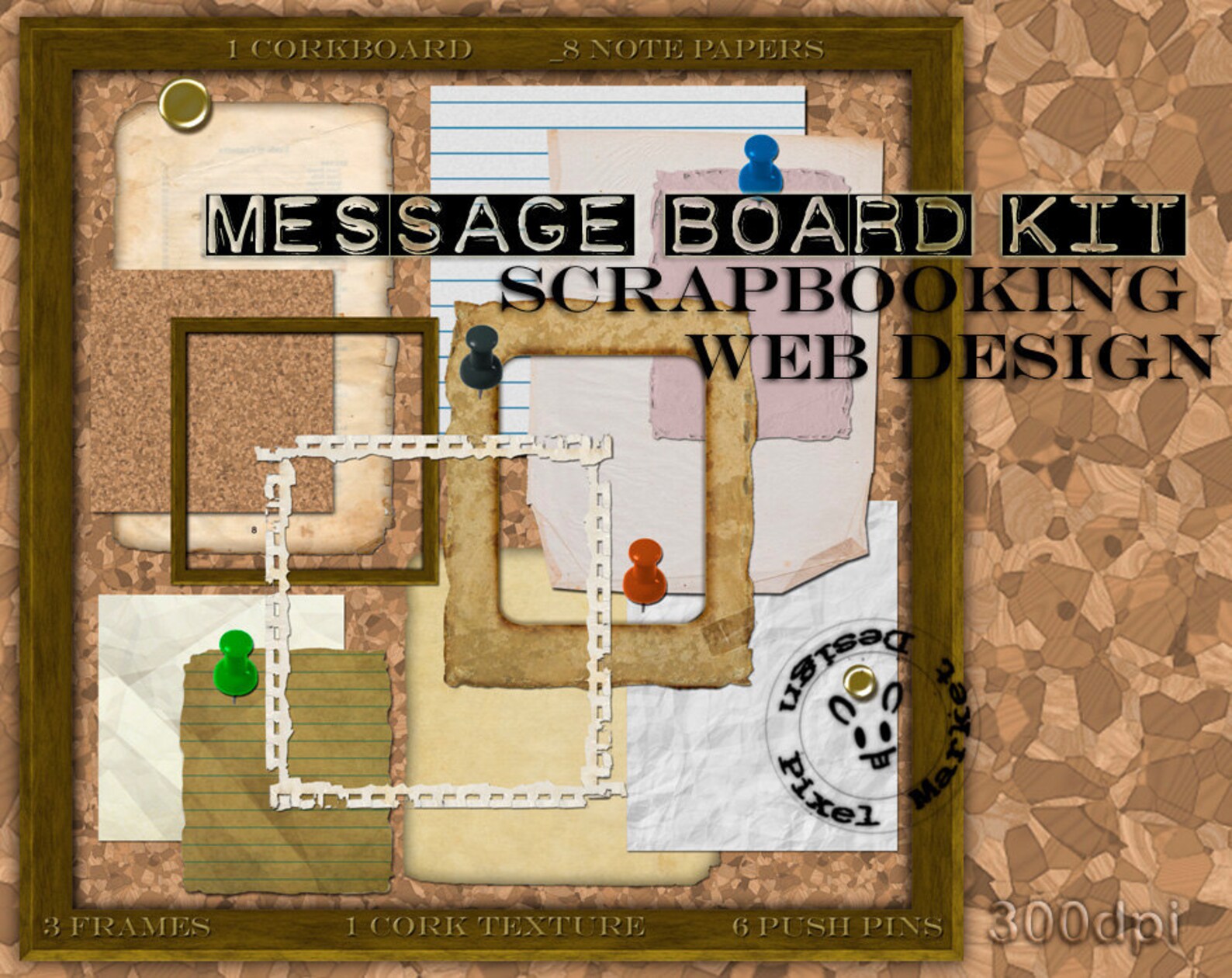 Cork Pin Board Clip Art Kit Including Cork Texture Digital Frame Note ...