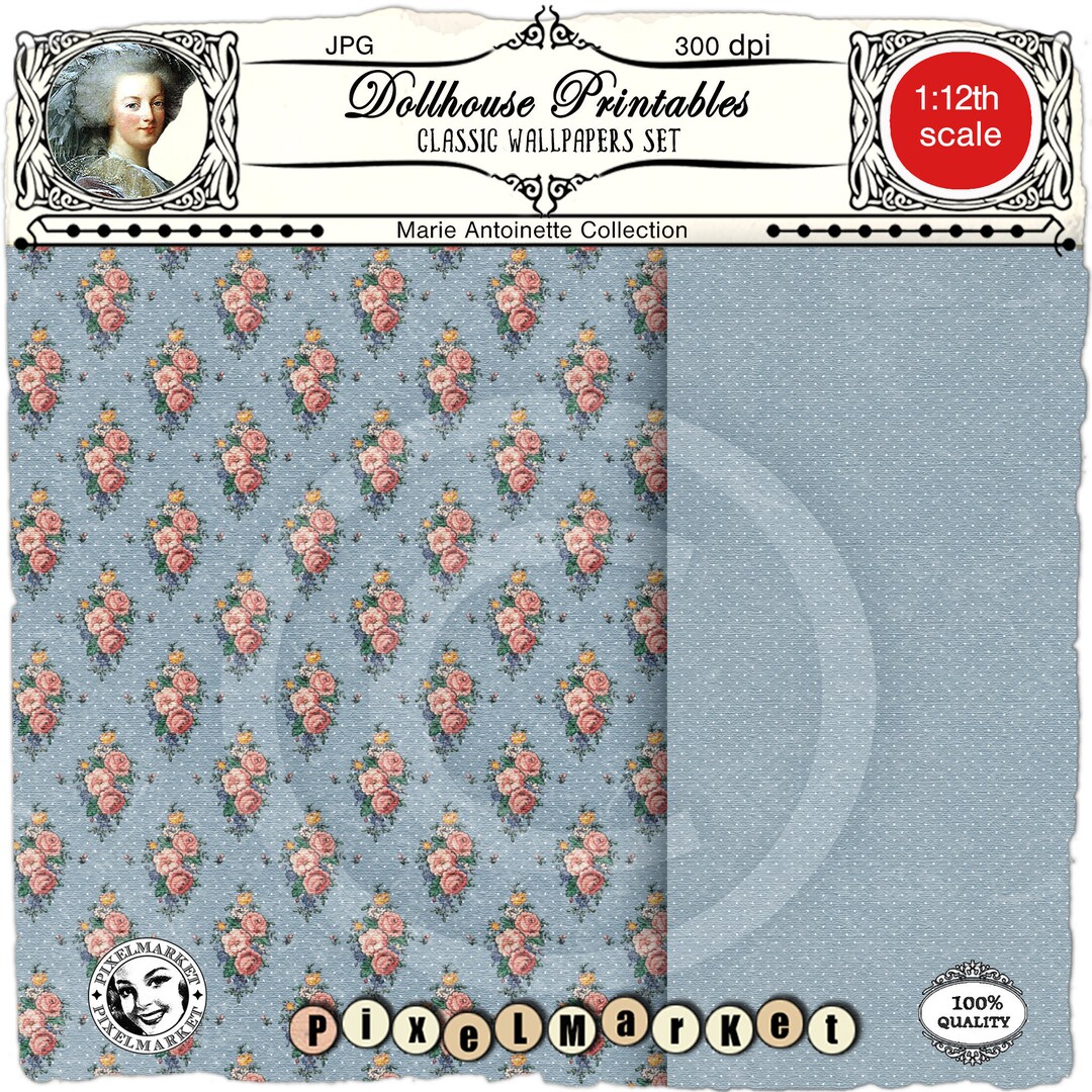 French Dollhouse Antique Floral & Blue Polka Dots WALLPAPERS Set ...