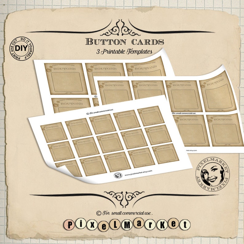 BUTTON CARD Clipart French Vintage Button Card Printable PDF Template ...