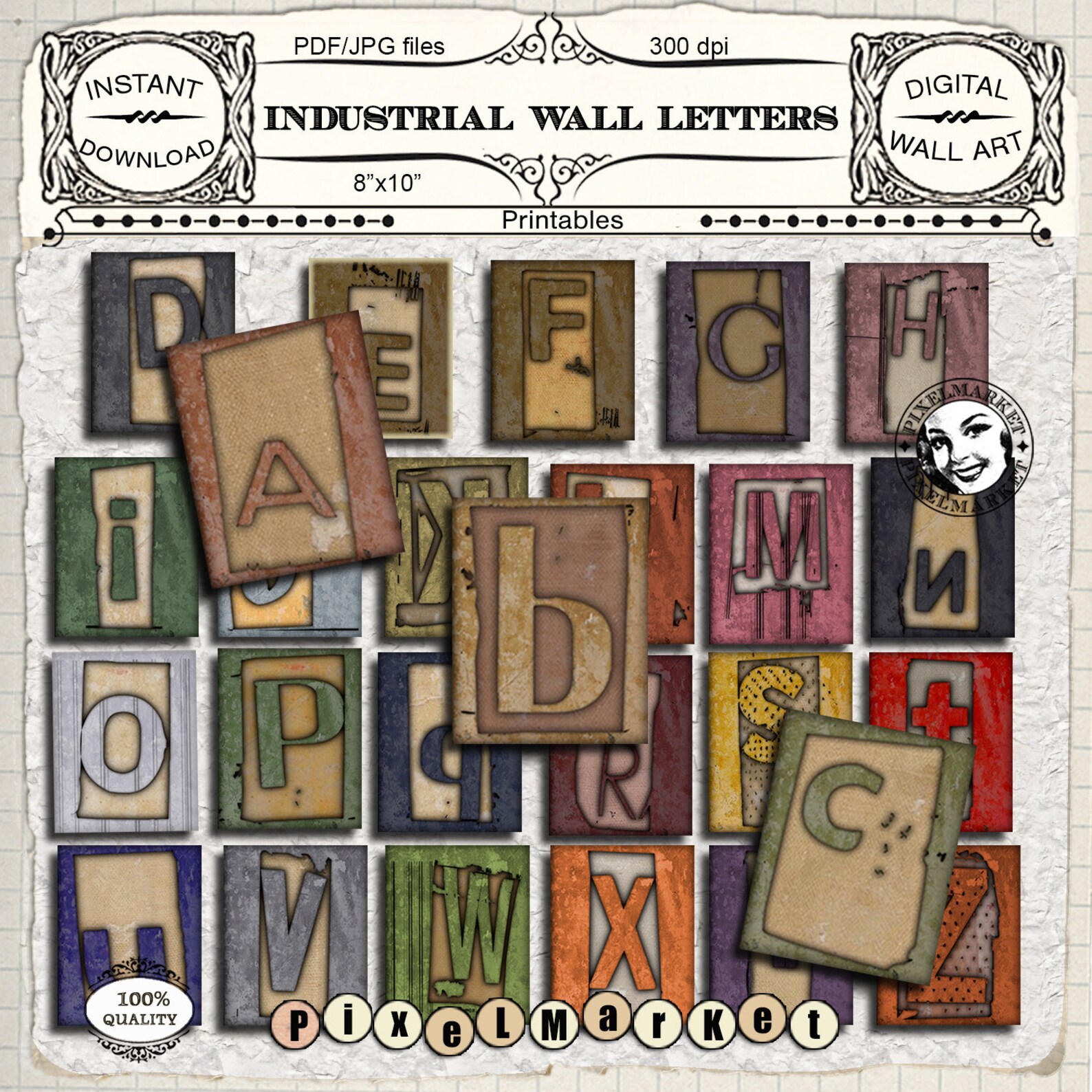 Industrial WALL LETTERS Printable Collage Sheet Alphabet Wall Art ...