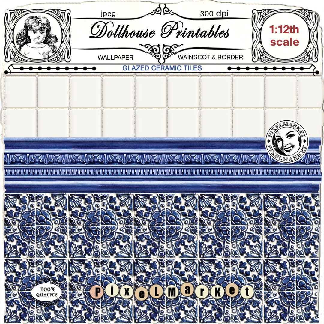 DOLLHOUSE PRINTABLE Miniature Wallpaper Blue Ceramic Tiles Bathroom ...