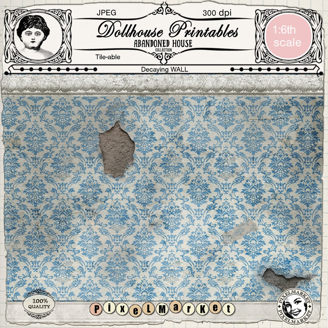 DOLLHOUSE Printable Weathered Damask WALLPAPER Decayed Wall With ...