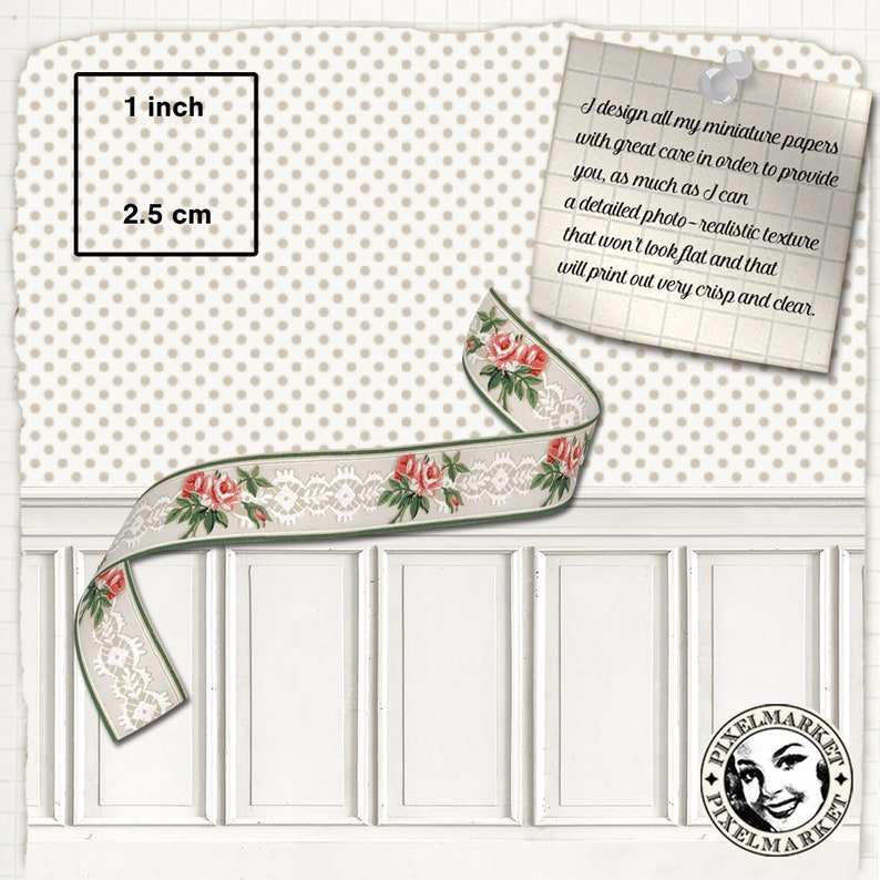 Dollhouse 1/12 Miniature WALLPAPER With Rose Floral BORDER and WAINSCOT ...