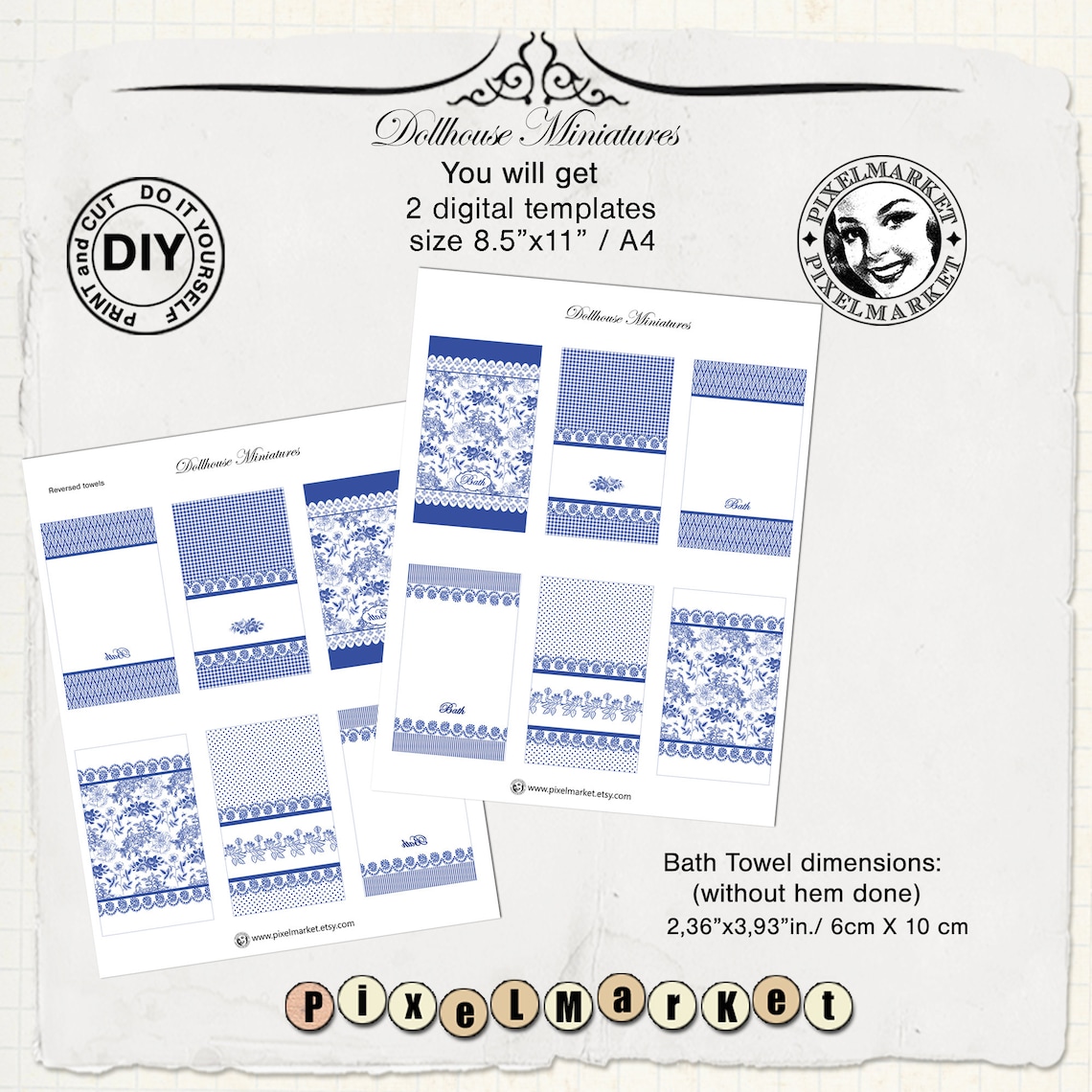 Dollhouse printable MINIATURE BATH TOWELS Digital template to | Etsy