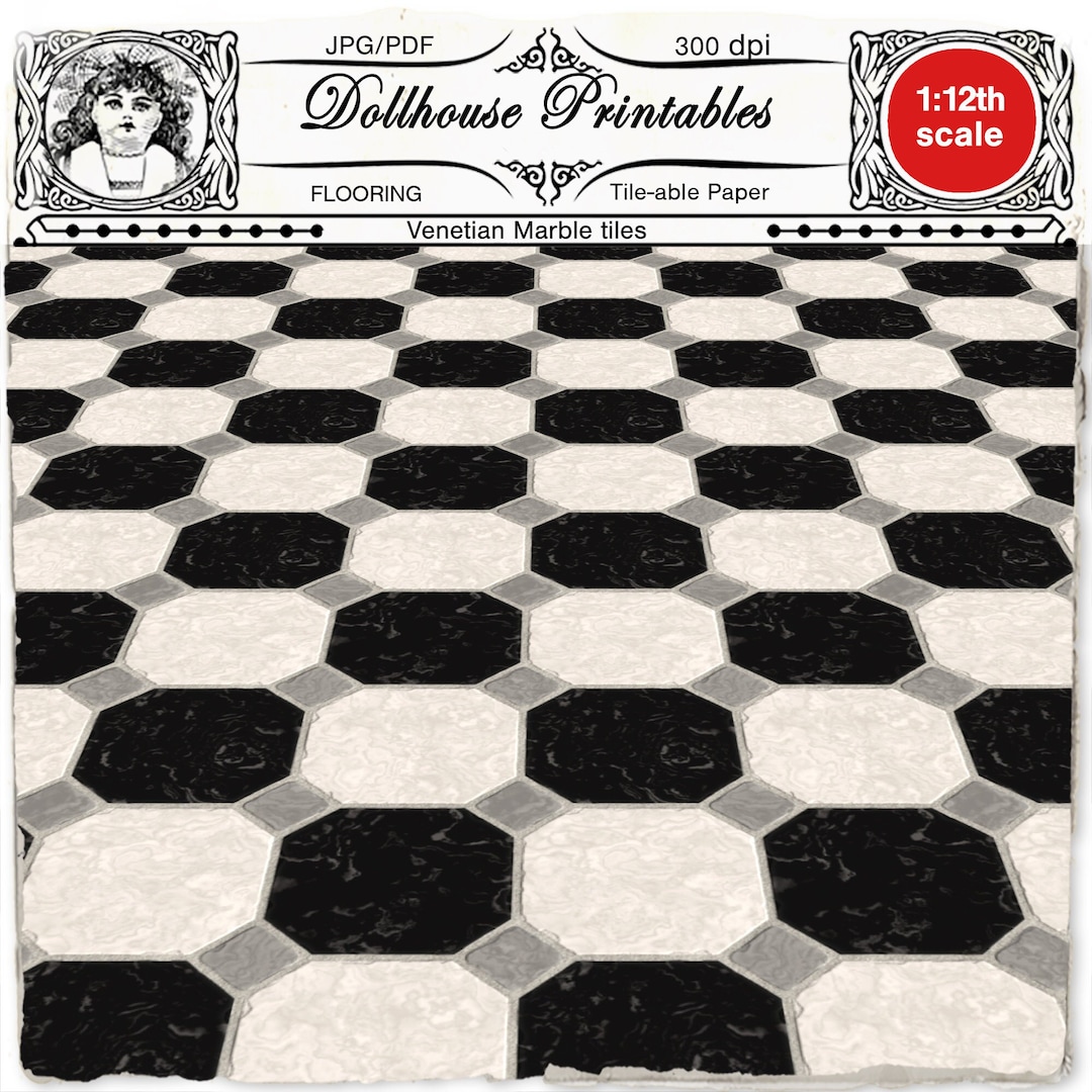 1/12 Scale Dollhouse Printable Black and off White Checkered Marble ...