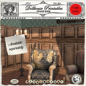 DOLLHOUSE Printable Damask WALLPAPER W/ WAINSCOTING Weathered Old Wall ...