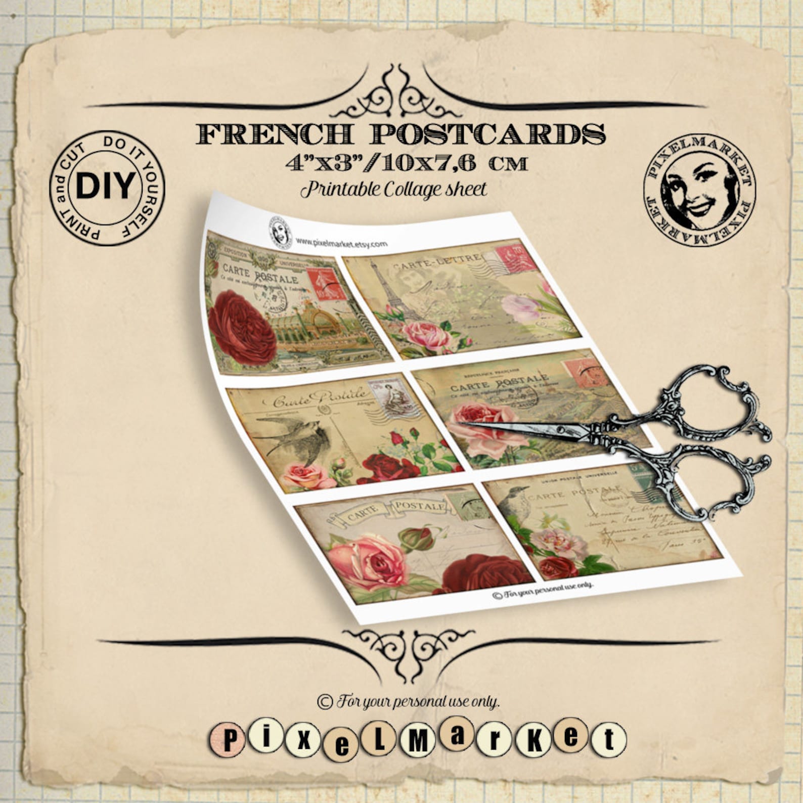 FRENCH VINTAGE POSTCARDS 4x3 Digital Collage Sheet - Etsy