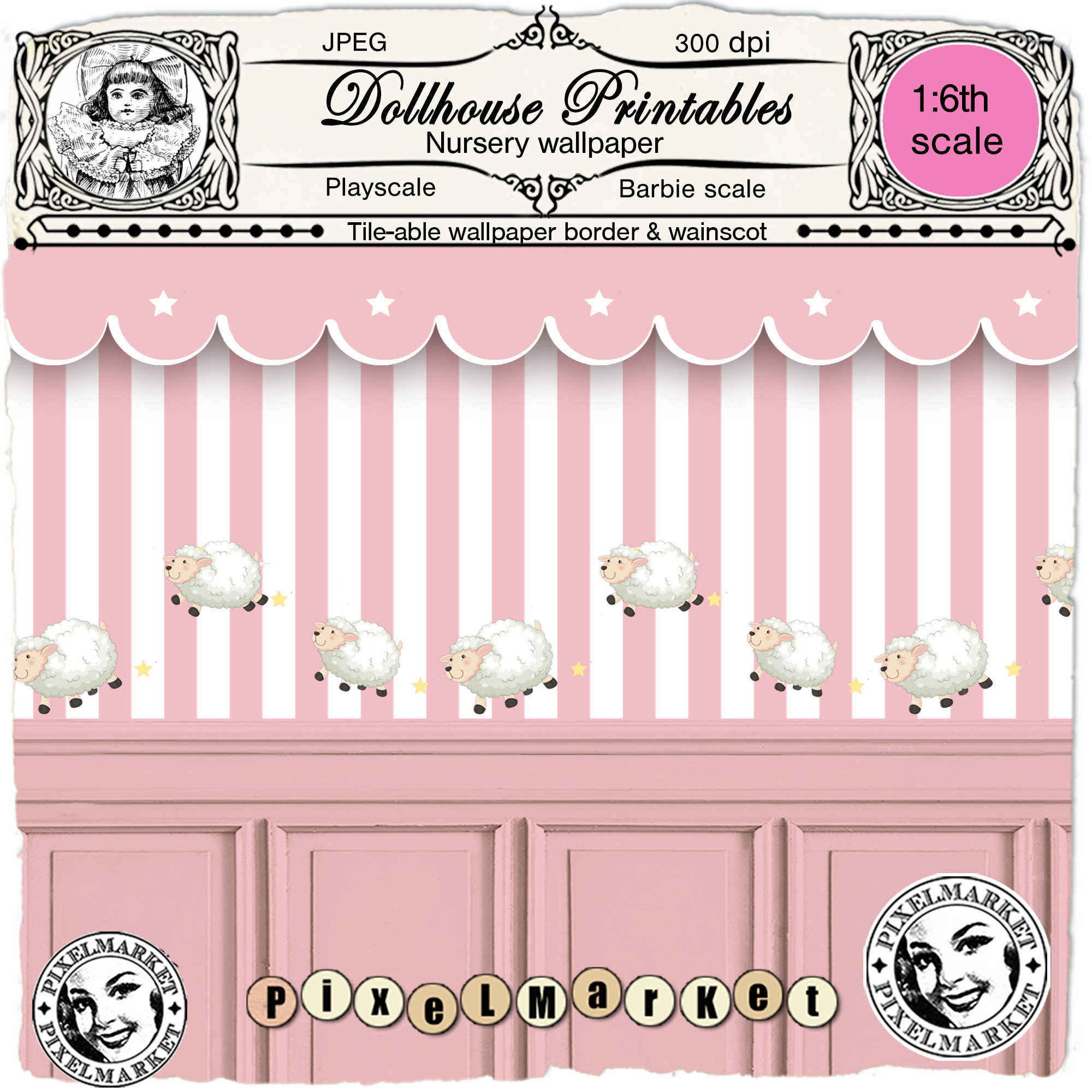 DOLLHOUSE Printable NURSERY Wallpaper With Border and Wainscot - Etsy ...