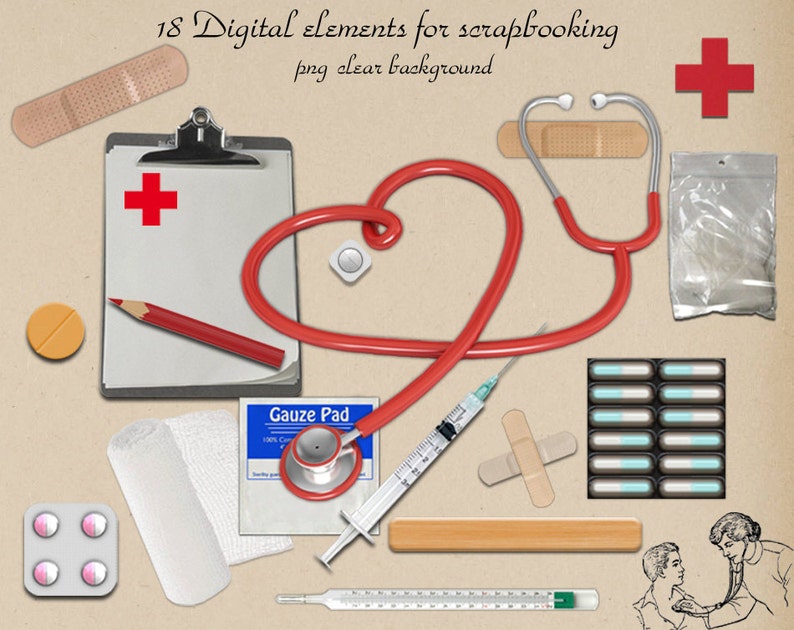 MEDICAL Cliparts Set of 18 Scrapbooking Elements DOCTOR Embellishments ...