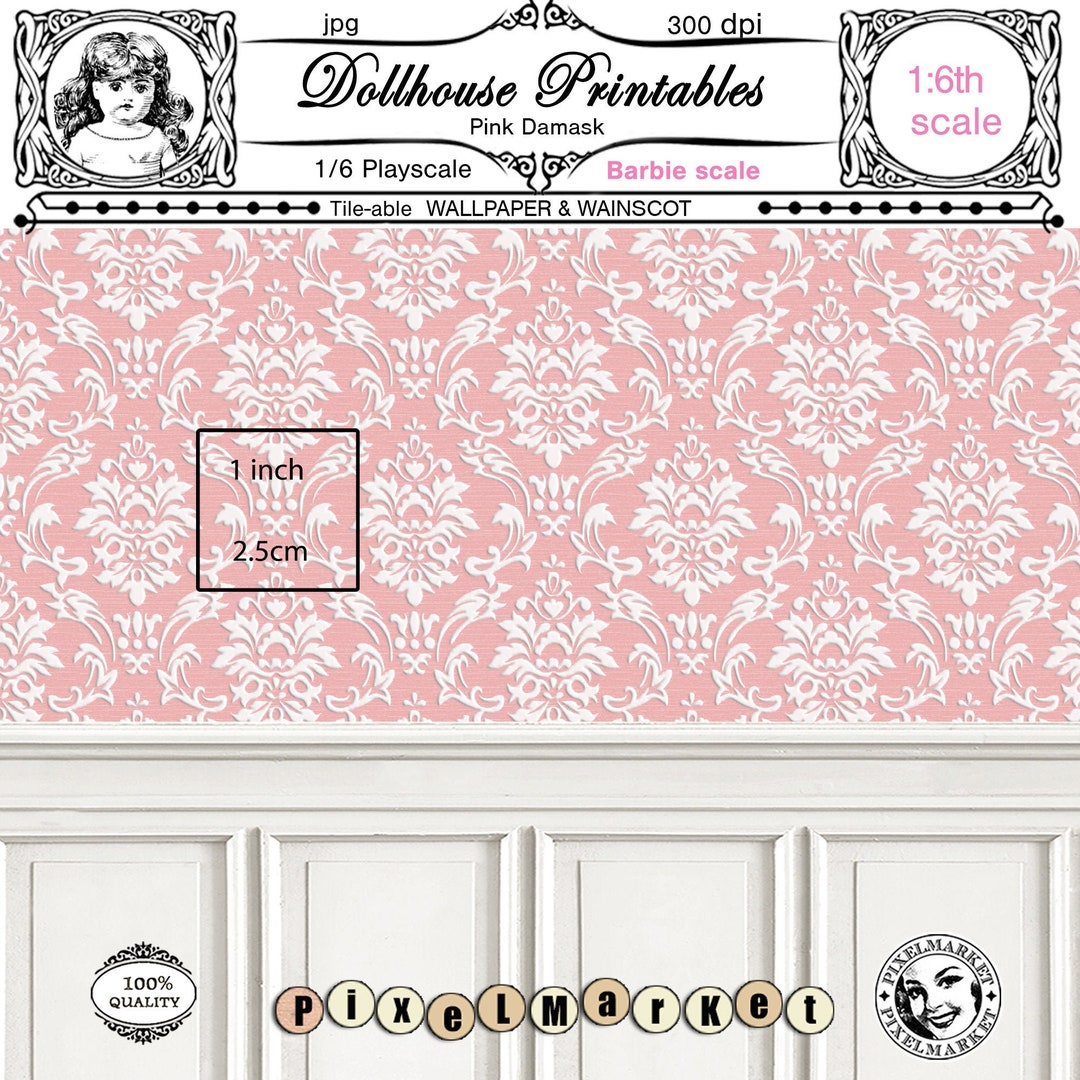 DOLLHOUSE Printable WALLPAPER and WAINSCOTING Pink Damask Wall Covering ...