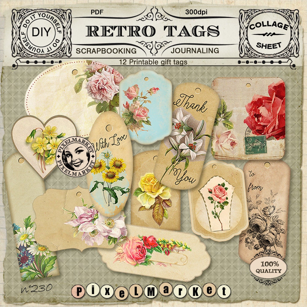 Printable Retro Gift TAG CLIPARTS Journaling Labels | Etsy
