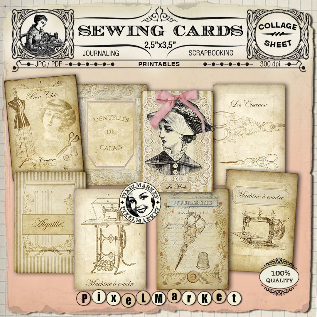 French Vintage SEWING CARDS Cliparts Printable Collage Sheet for ...