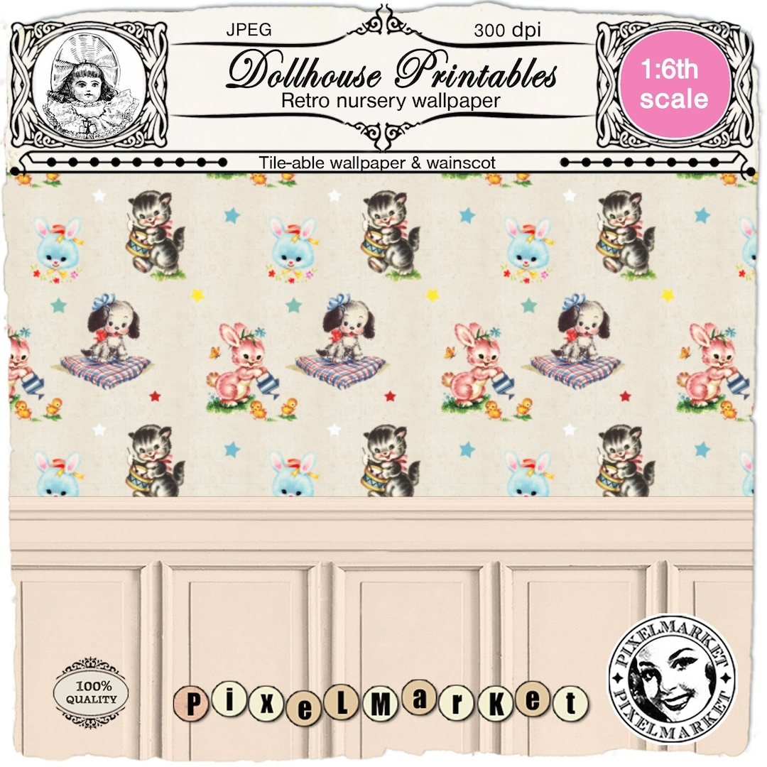 Playscale DOLLHOUSE Miniature Retro NURSERY WALLPAPER With Wainscot Kid ...