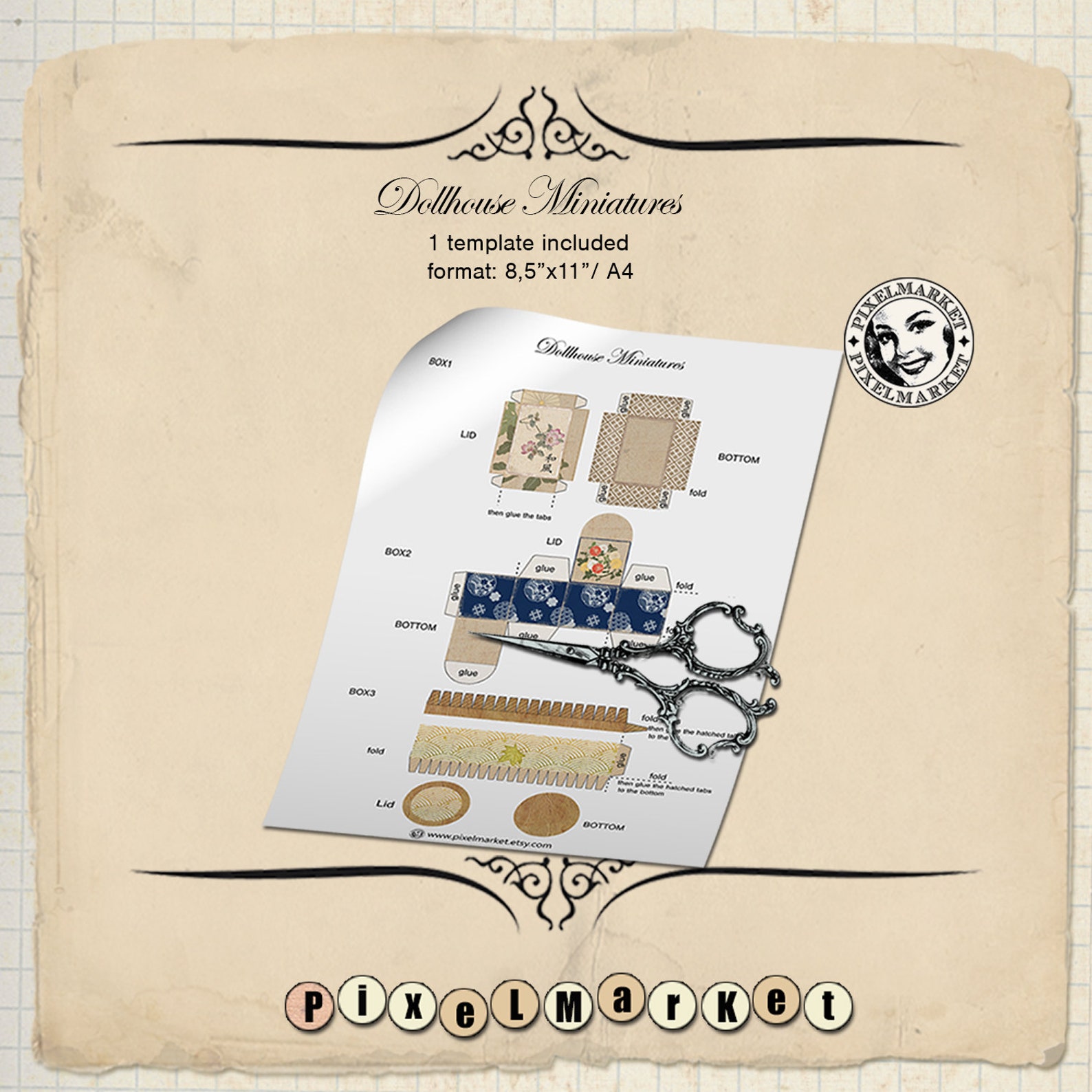 Dollhouse Miniature Printable BOX TEMPLATE Set of 3 Antique | Etsy