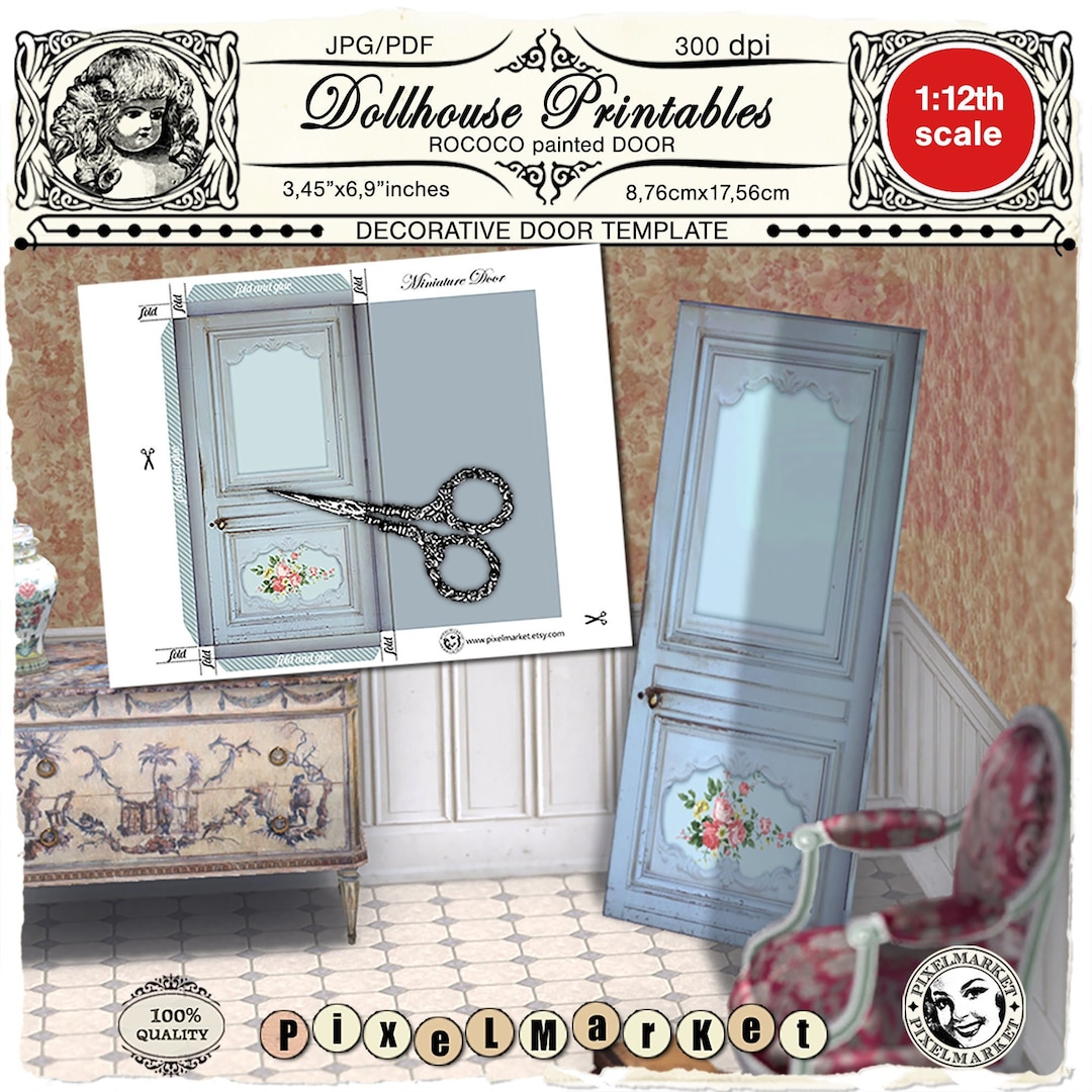 1:12 Miniature Blue Roccoco Painted Door TEMPLATE Printable Sheet ...