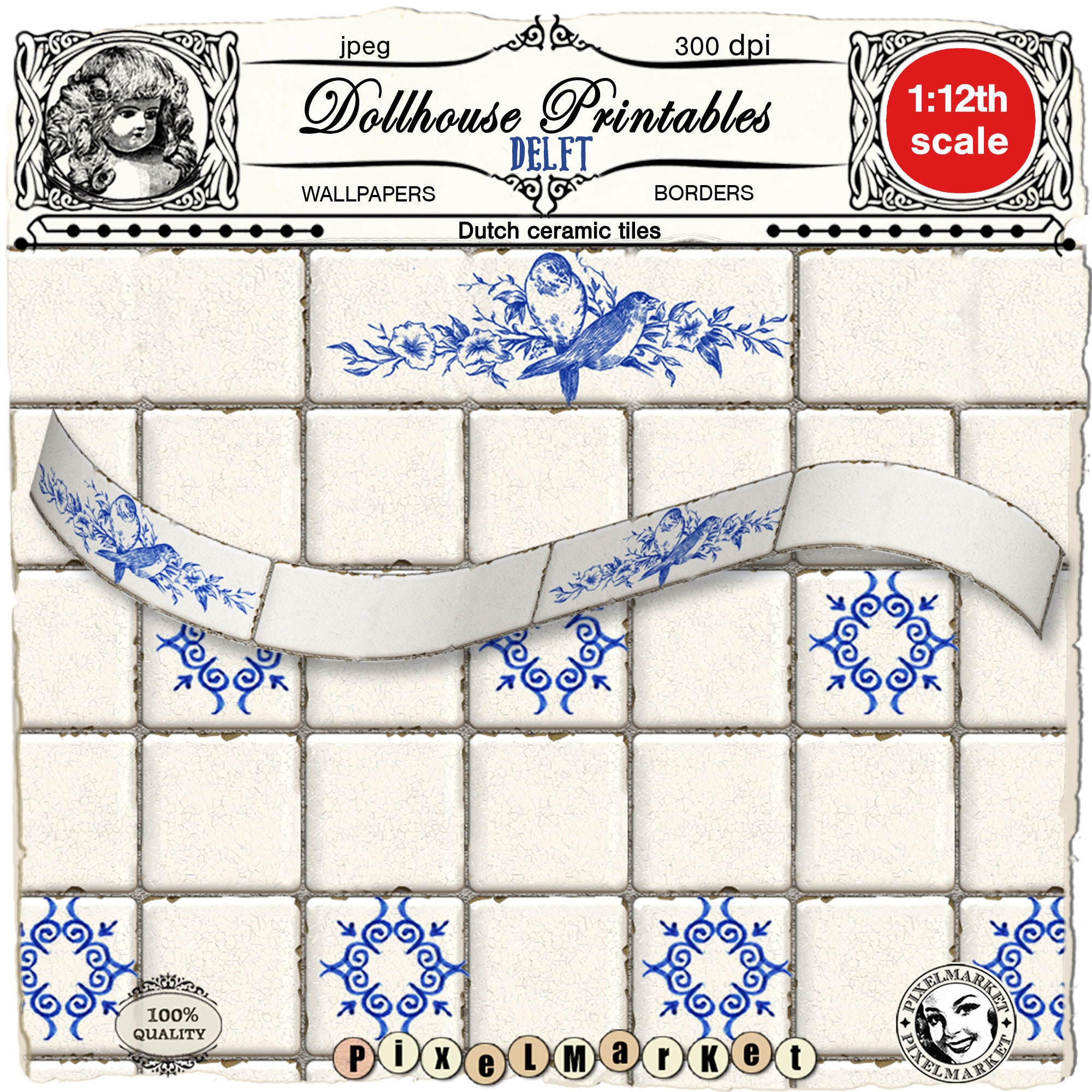 DOLLHOUSE PRINTABLES Miniature Dutch tiles with Floral border | Etsy