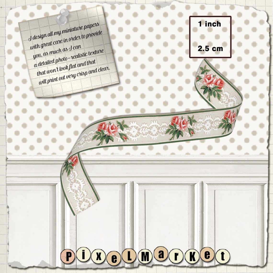 Dollhouse Printable WALLPAPER With Rose Floral BORDER & WAINSCOT ...