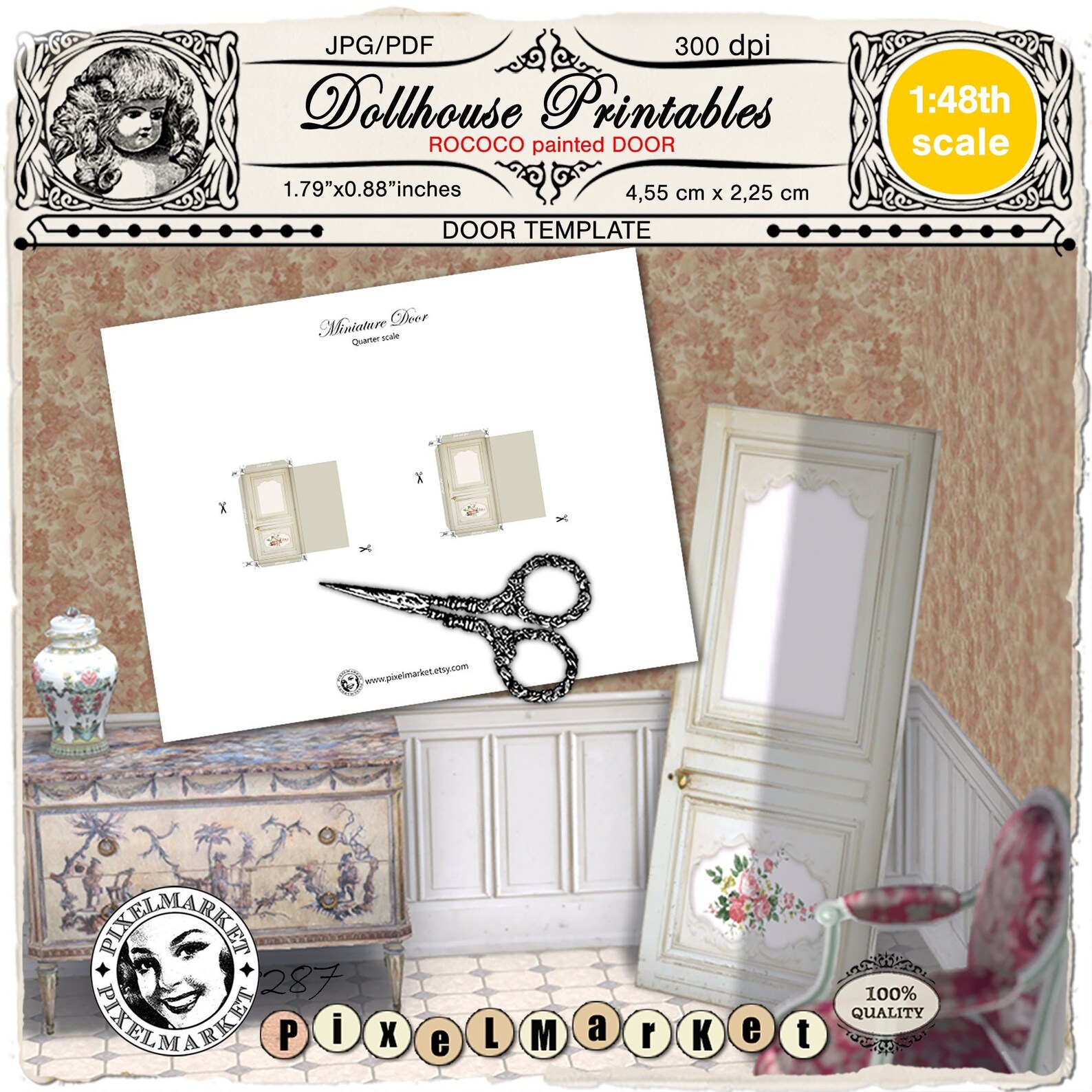 Dollhouse Miniature 1:48th DOOR PRINTABLE TEMPLATE Download Roccoco ...